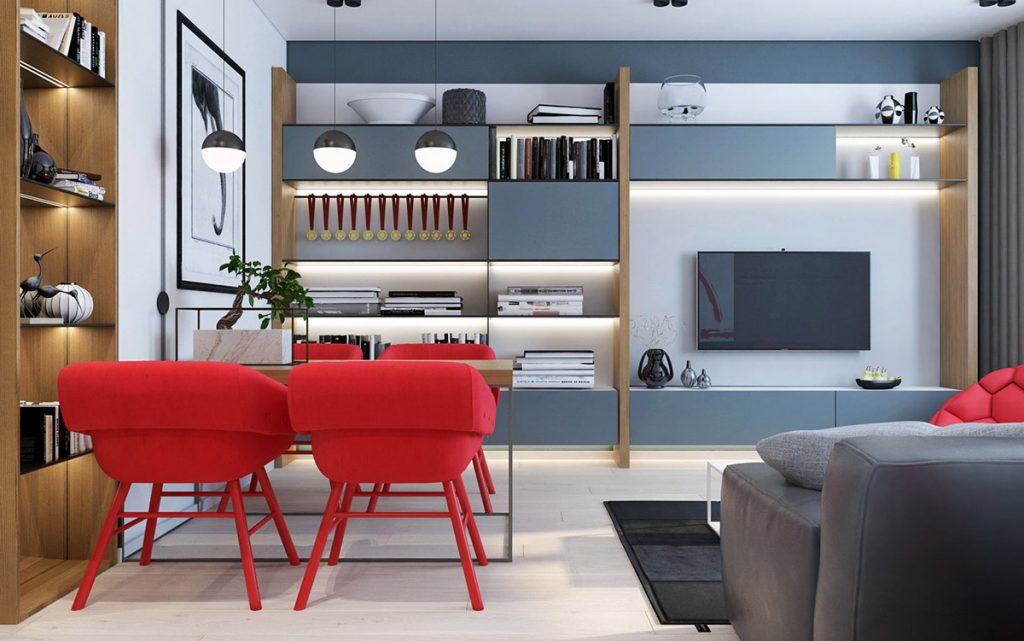 Modern Apartment with Red Color Accents Applied for the Decoration ...