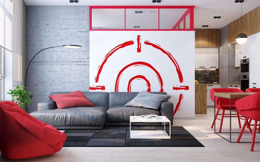 Modern Apartment with Red Color Accents Applied for the Decoration ...